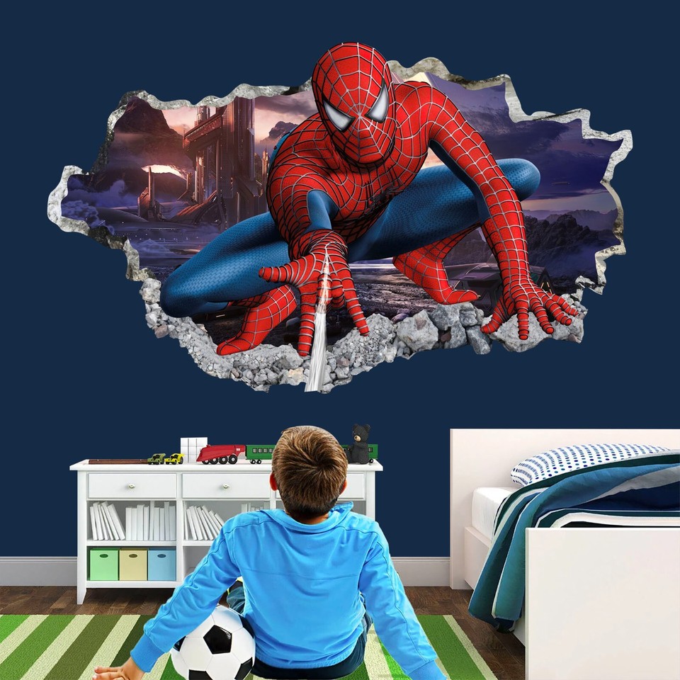 Spiderman Jump out Spider-Man Superhero 3D Smashed Wall Decal Sticker ...