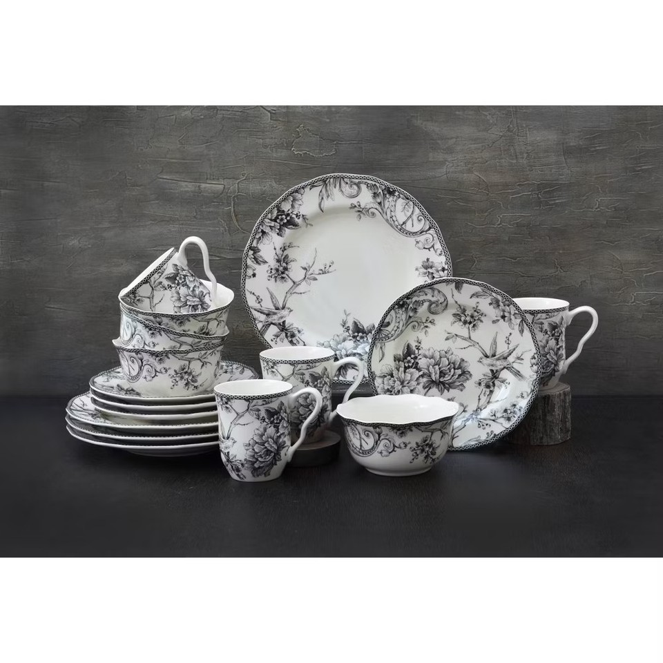 16pc Porcelain Adelaide Dinnerware Set Black - 222 Fifth: Floral Round ...