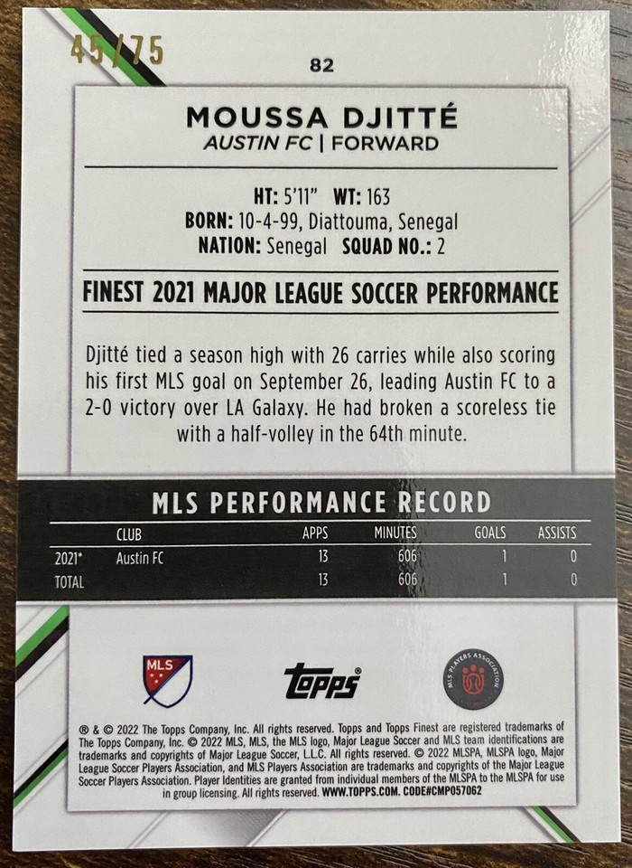 2022 Topps Finest MLS MOUSSA DJITTE RC Rookie Aqua Refractor /75 Austin ...