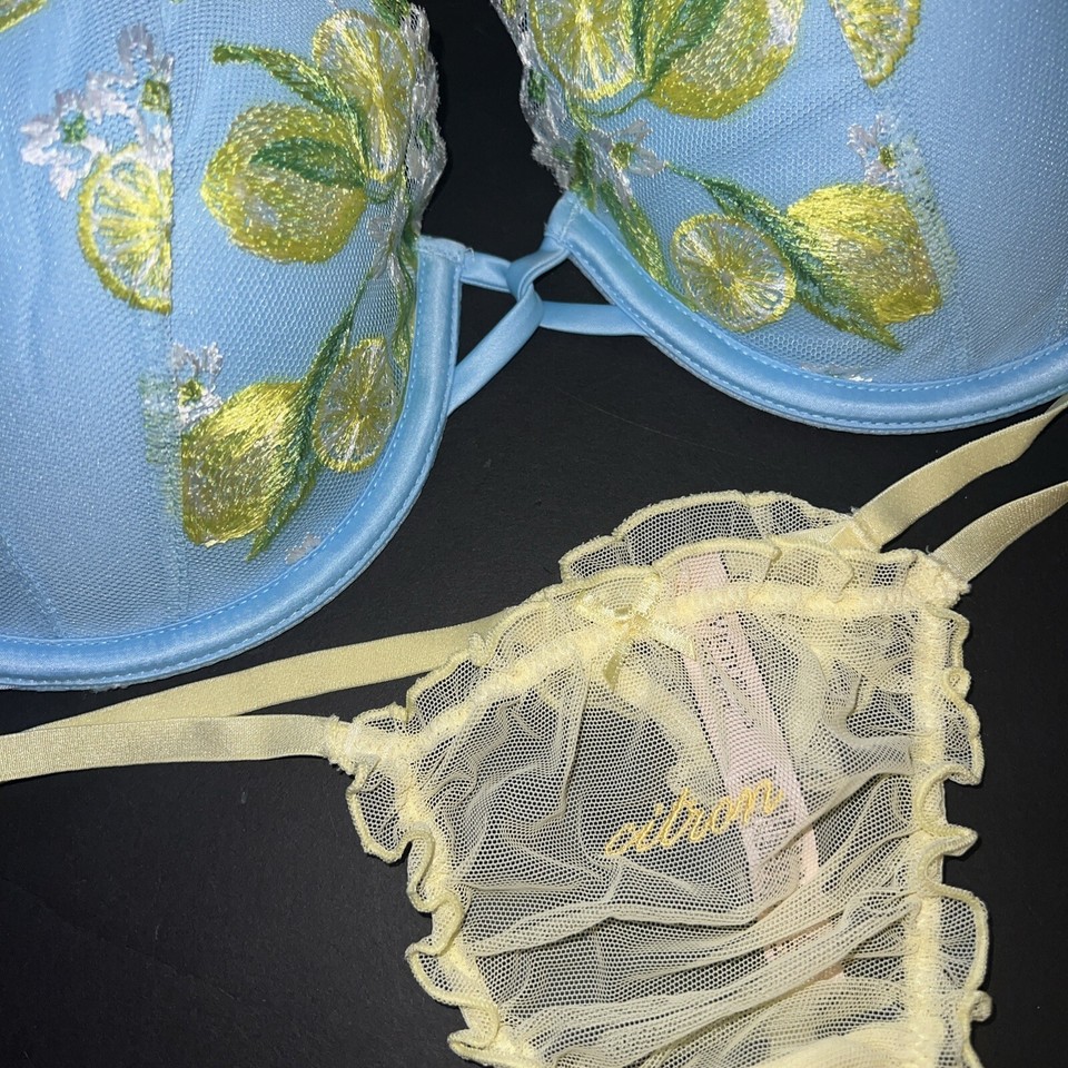 Victoria's Secret 32DDD BRA SET S thong BLUE YELLOW citron LEMON green ...