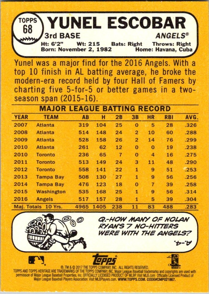 2017 Topps Heritage Yunel Escobar #68 Los Angeles Angels | eBay