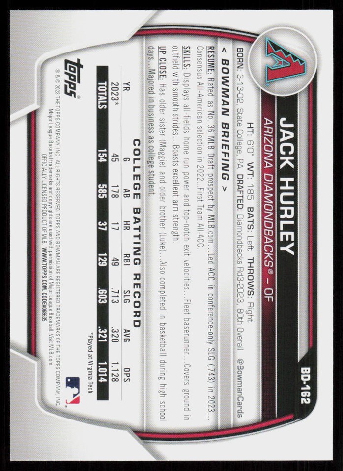 2023 Bowman Draft Jack Hurley #BD-162 Baseball Arizona Diamondbacks 1st ...