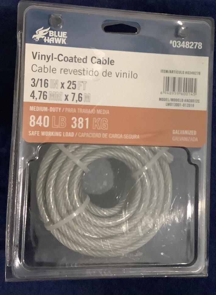 Blue Hawk 3/16" x 25 ft Vinyl Coated Galvanized Steel Cable New ...
