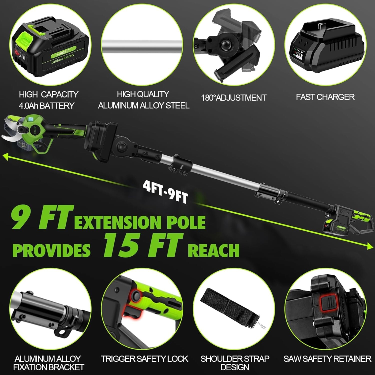 2-IN-1 Electric Pole Pruning Shears Cordless For Tree Trimming 9ft ...