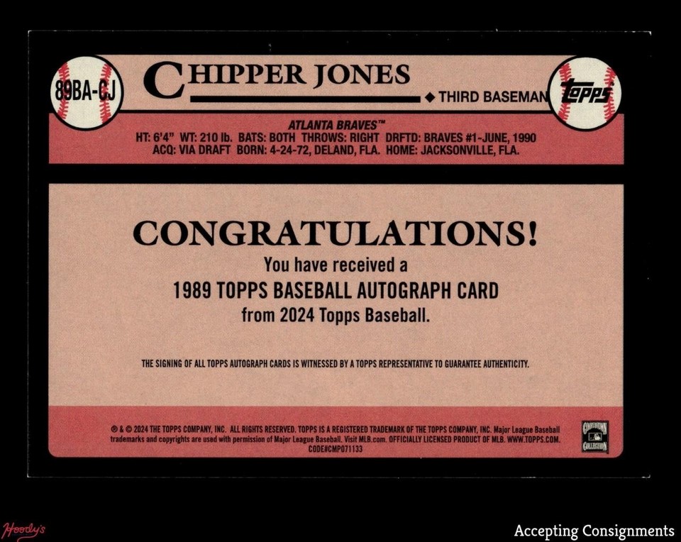 2024 Topps '89 Topps Autographs #89BACJ Chipper Jones AUTO Braves | eBay