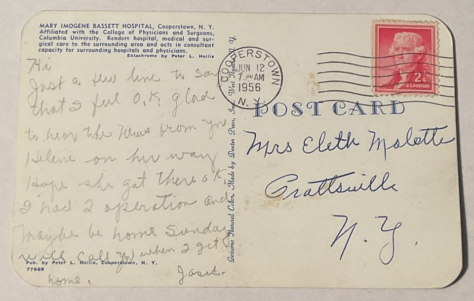 Vintage New York Chrome Postcard Cooperstown Mary Imogene Bassett ...