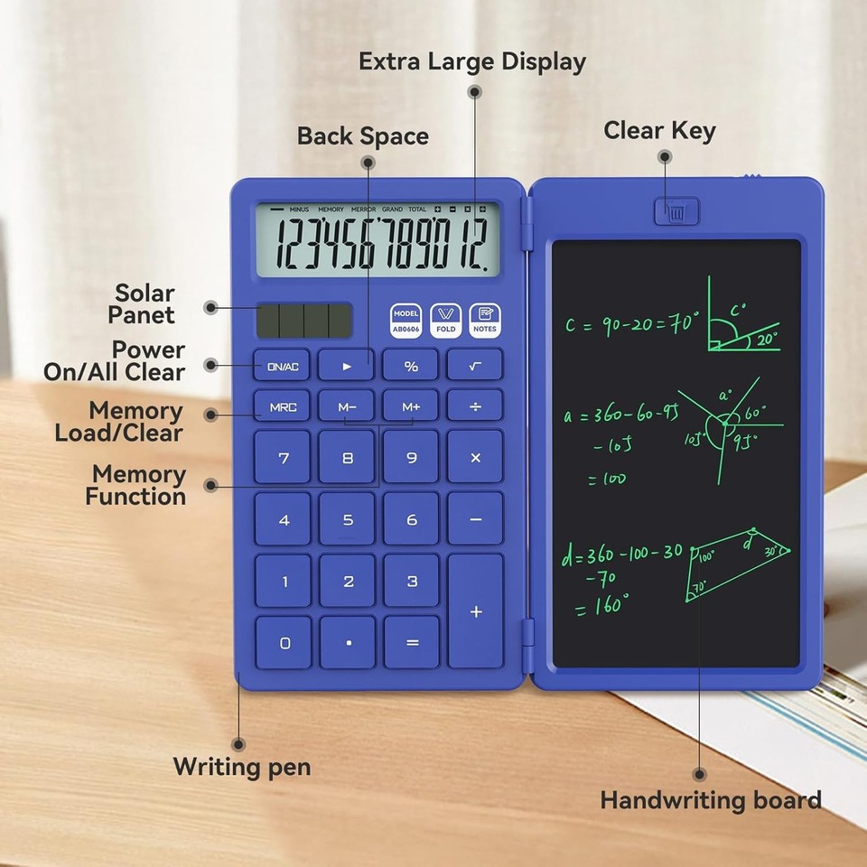NEWYES Calculator, with Writing Tablet and Pen, Solar & Battery Powered ...