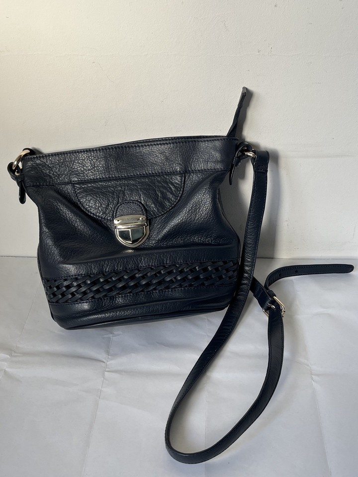 RJR John Rocha Dark Blue Leather Bag / Handbag - Red Spotty Lining ...