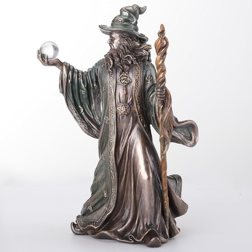 8 1/8 Inch Wizard Holding Crystal Ball and Staff Cold Cast Resin Bronze ...