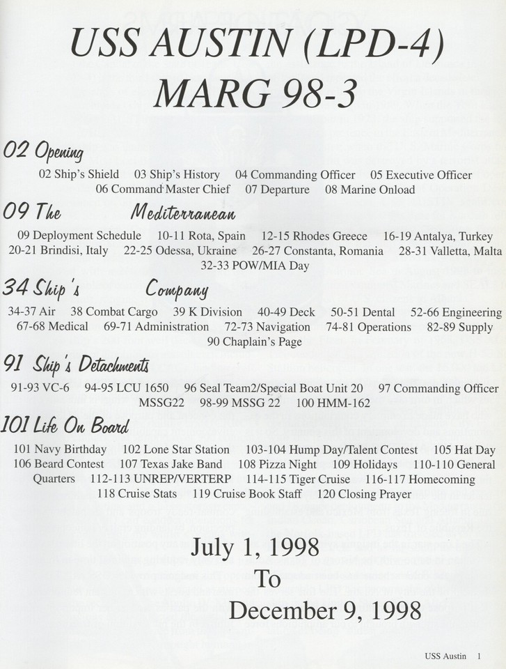 USS AUSTIN LPD-4 MARG DEPLOYMENT CRUISE BOOK YEAR LOG 1998 - U S NAVY ...