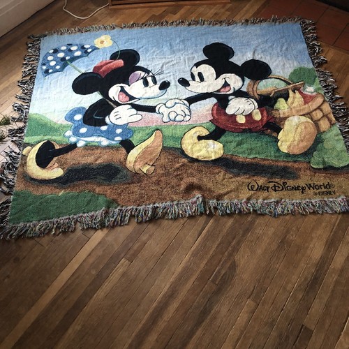 Walt Disney World Mickey & Minnie Mouse Tapestry Fringe Blanket Picnic ...