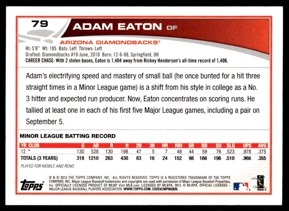 2013 Topps 79 Adam Eaton Arizona Diamondbacks Rookie Baseball Card | eBay