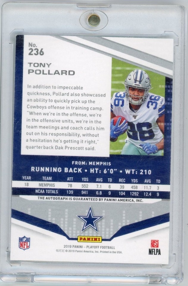Tony Pollard 2019 Panini Playoff 4th Down Autograph Gold Auto /10 #236 ...