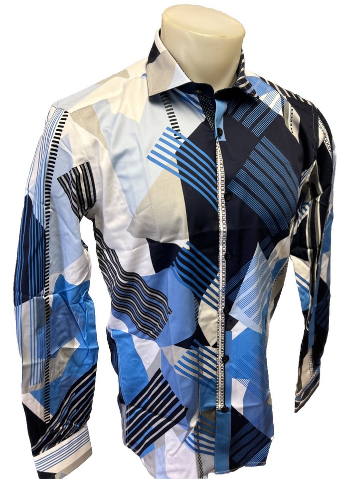 Mens STEELO COLORFUL Long Sleeve Button Up Dress Shirt Blue ABSTRACT ...