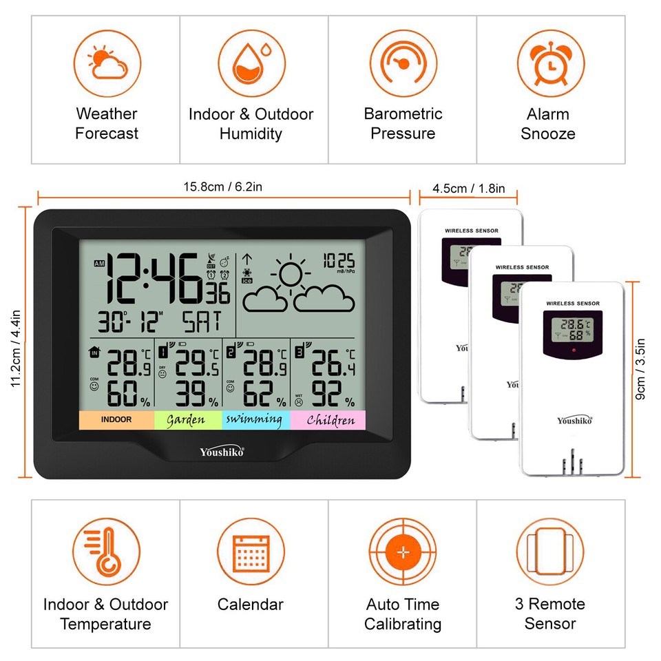 Weather Station MSF Radio Control Clock ( UK Version ) with 3 x Sensors ...