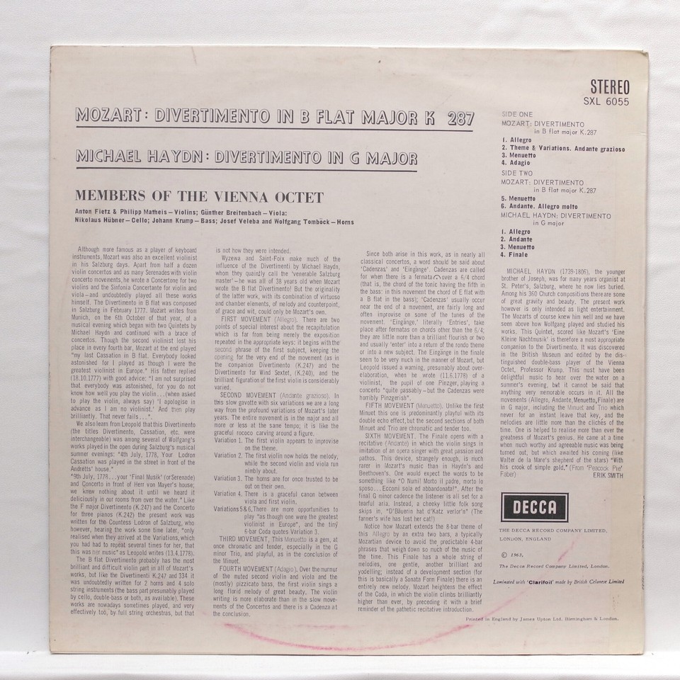 SXL 6055 VIENNA OCTET – MOZART & HAYDN divertimento DECCA LP EX+ | eBay