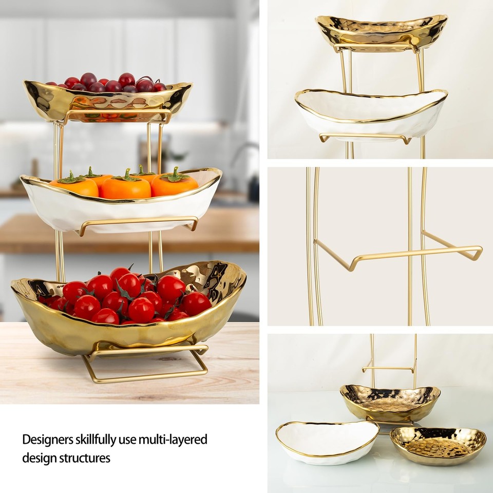3 Tier Fruit Bowl for Kitchen Counter, White Gold Ceramic Fruit Stand ...
