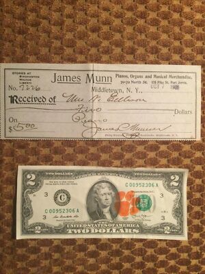 James Munn Signed Receipt Munn Pianos Organs Middletown Oswego Walton ...