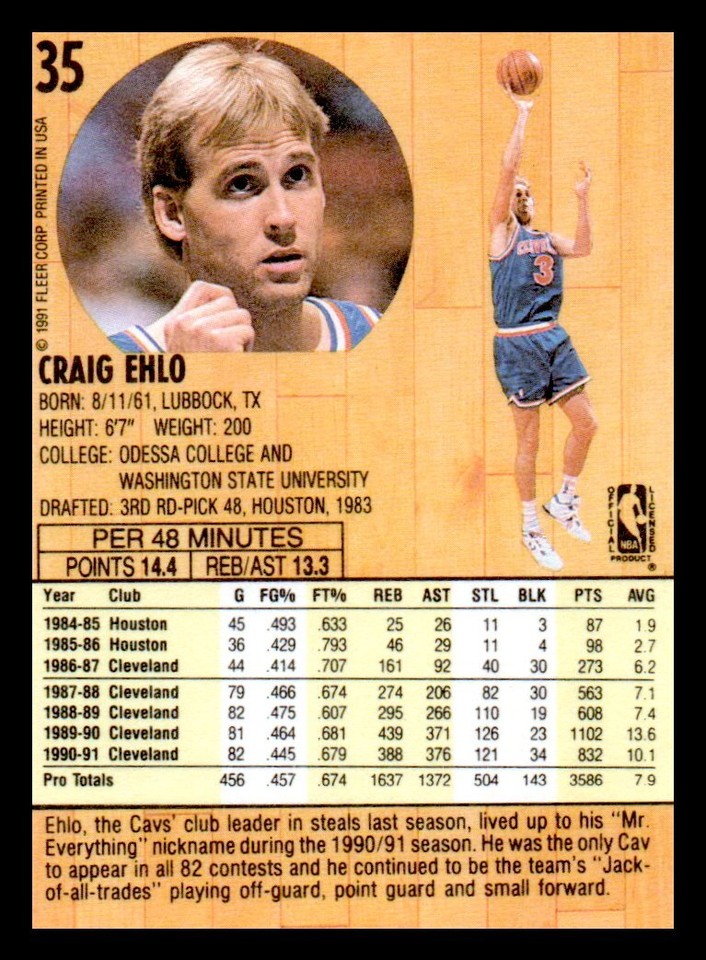 1991-92 Fleer #35 Craig Ehlo NBA Basketball Cleveland Cavaliers | eBay