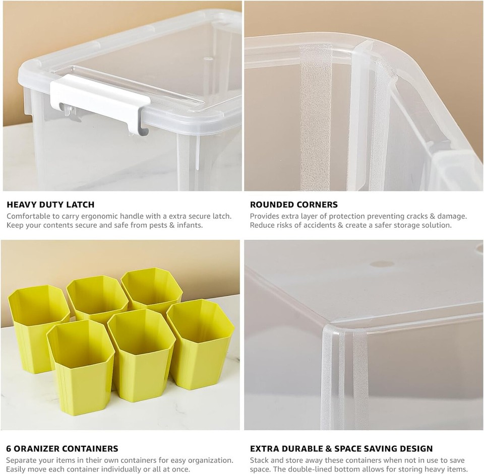 17 QT Plastic Storage Bins with 6 Detachable Inserts Clear Storage Box ...
