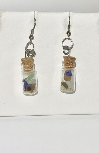 Vintage Beach Bottles Sand, Sea Glass & Shells Dangling Drop Silvertone ...