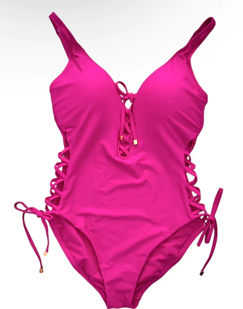 Bar III NEON ORCHID Summer Solids Lace-up One-Piece Swimsuit, US X ...
