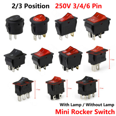 On/Off Mini Rocker Switch LED Latching DPST 2/3 Position 250V 3/4 Pin ...