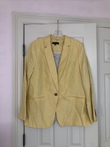TALBOTS Linen JACKET Blazer Sz 14 Butter Yellow Striped Lining Office ...