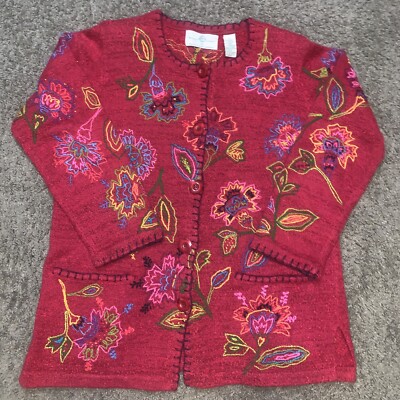 Belle Pointe Cardigan Sweater Women’s Medium Long Sleeve Red Floral ...