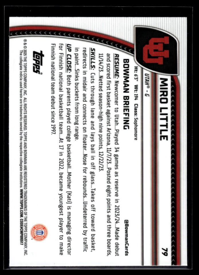 Miro Little 2024-25 Bowman University Chrome Aqua Wave Refractor Card ...