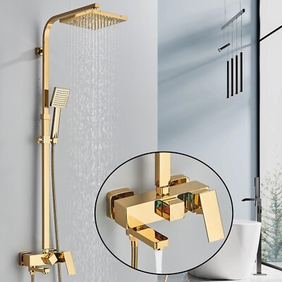 Polished Gold Bathroom Shower Set Mixer Tap 8" Square Head Top Spray ...