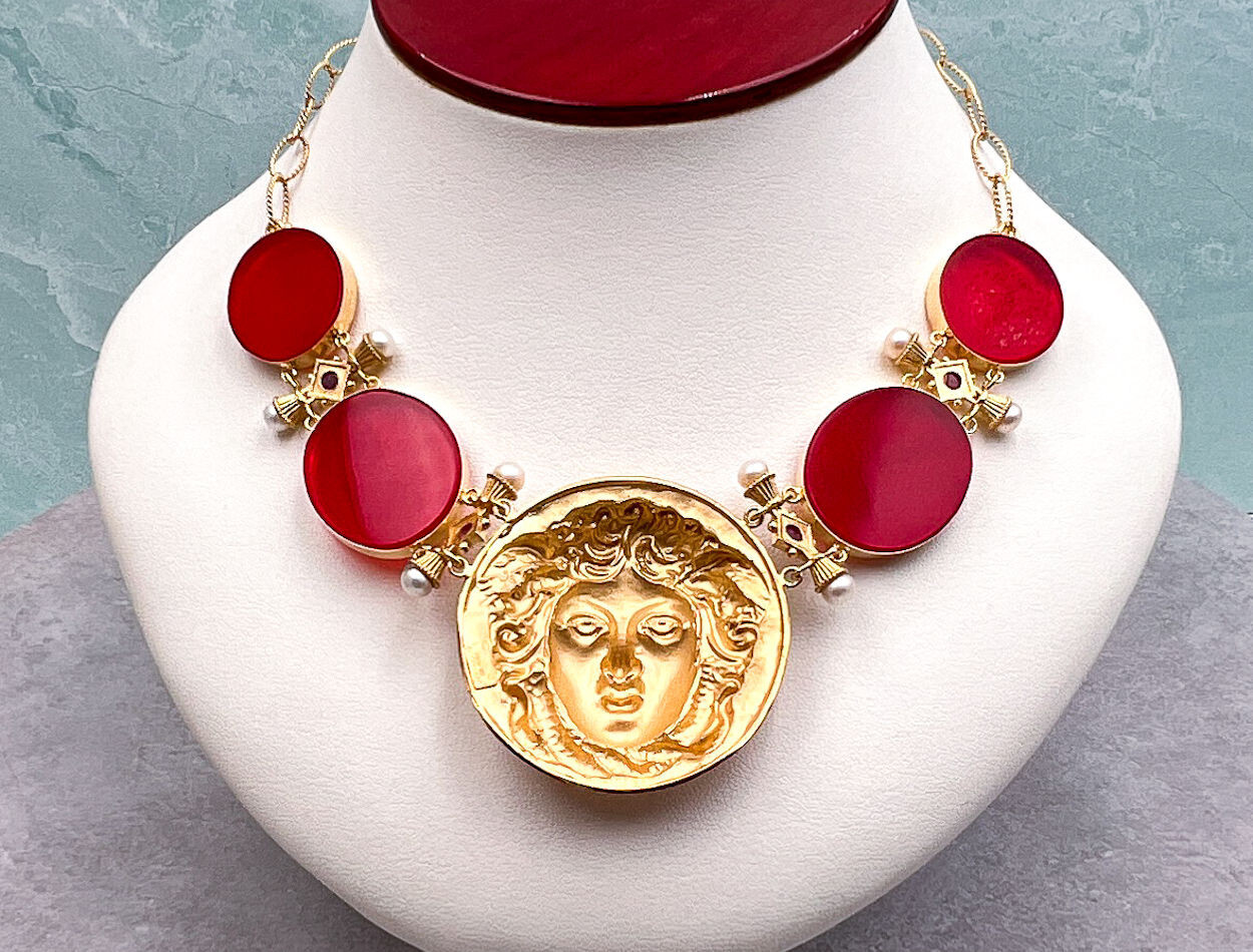 TAGLIAMONTE (SH446-Red) 18K Cameo Necklace*46.8GM*Rubies,Pearls*Reg ...