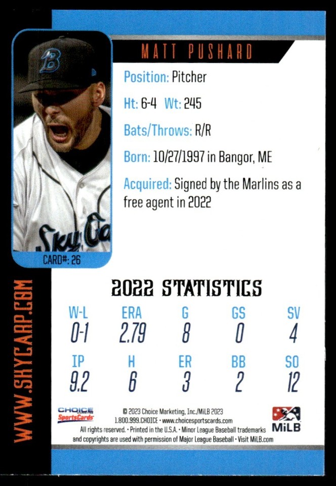 2023 Matt Pushard MiLB Rookie Minor League Card Beloit Sky Carp | eBay