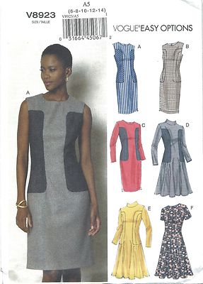 VOGUE 8923 SEWING PATTERN EASY OPTIONS SEAMED FITTED DRESS SZ A5 6-14 ...