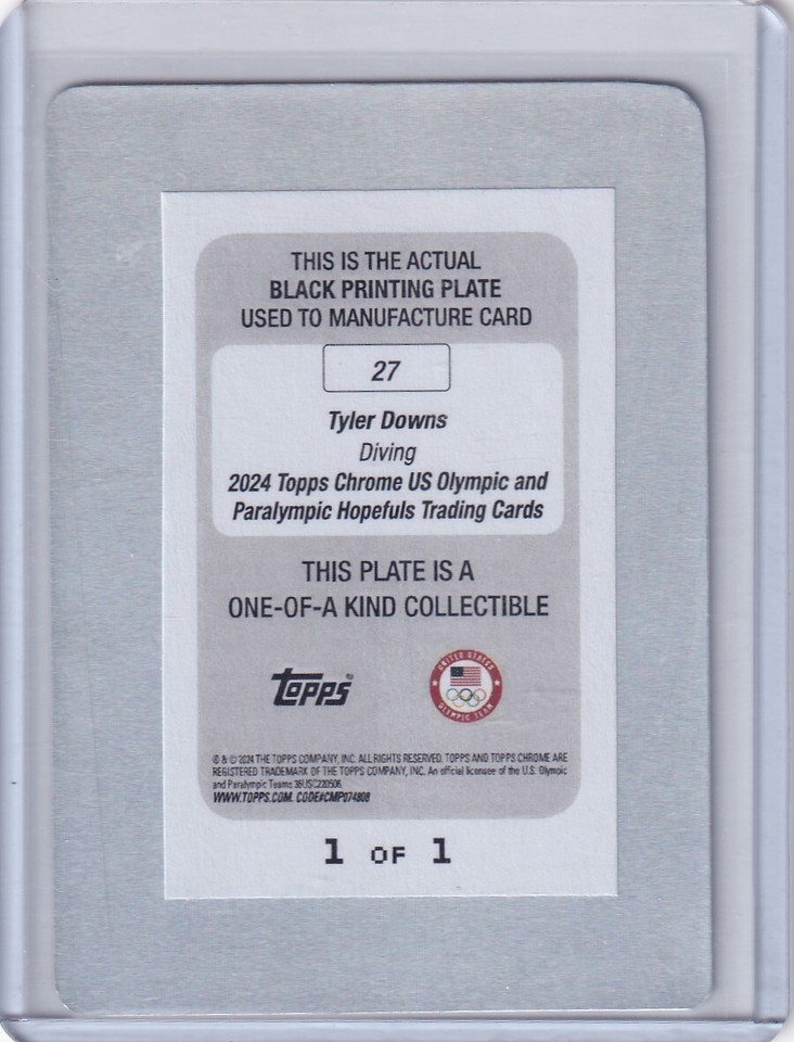 Tyler Downs 2024 Topps Chrome Olympics Black Printing Plate 1/1 Diving ...