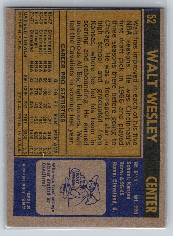 1971 Topps #52 Walt Wesley DP Cleveland Cavaliers Card | eBay