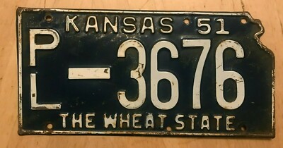 1951 KANSAS STATE SHAPED LICENSE PLATE " PL 3676 " KS 51 WHEAT STATE ...