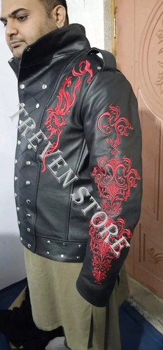 Gothic Dragon Leather Jacket - Black with Red Embroidery, Steampunk ...