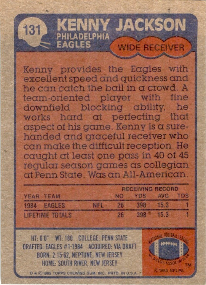 1985 TOPPS KENNY JACKSON PHILADELPHIA EAGLES. #131 | eBay