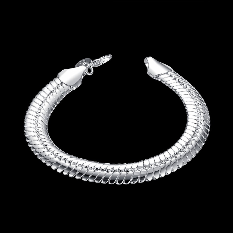 925 Sterling Solid Silver Charm 10MM Snake Chain Bracelet For Women ...