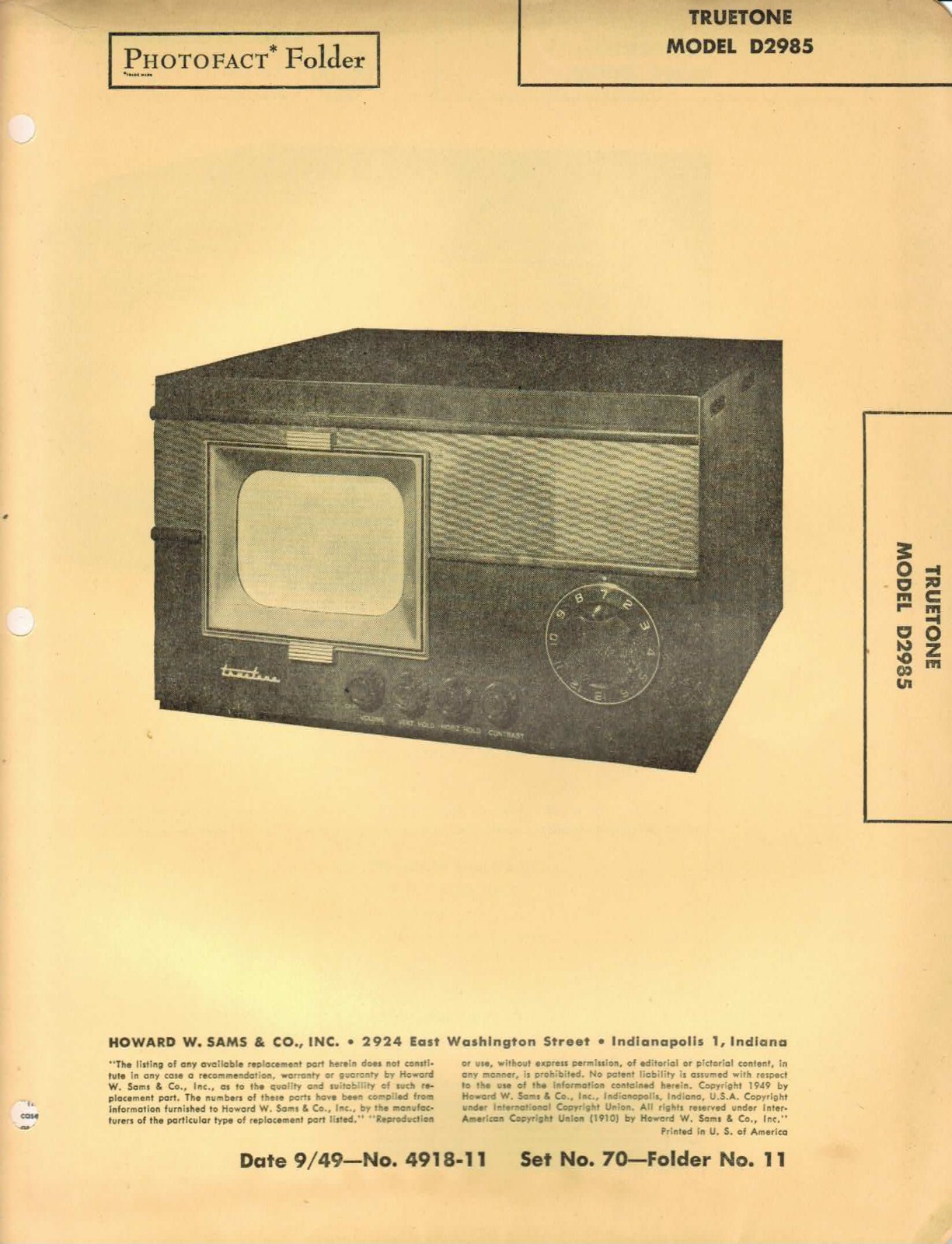 Sams Photofact Folder Truetone Model D2985 Set # 70 Folder 11 Date 10/ ...