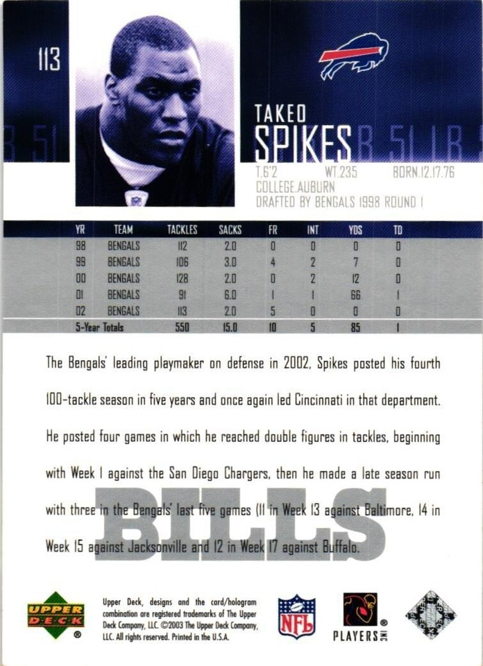2003 UPPER DECK TAKEO SPIKES FOOTBALL CARD #113 $0.99 VALUE BOX | eBay