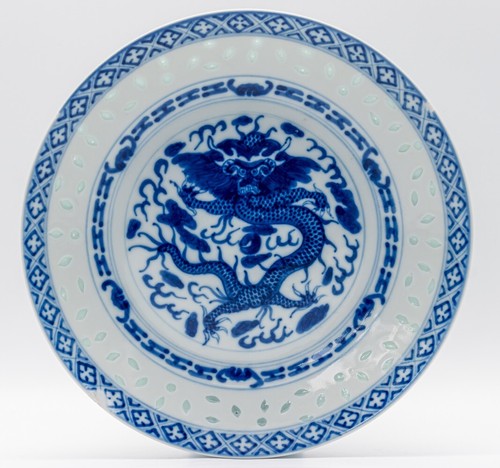 Chinese Porcelain Saucer Blue Dragon Pearl Bats Symbols Wan Yu Mark ...