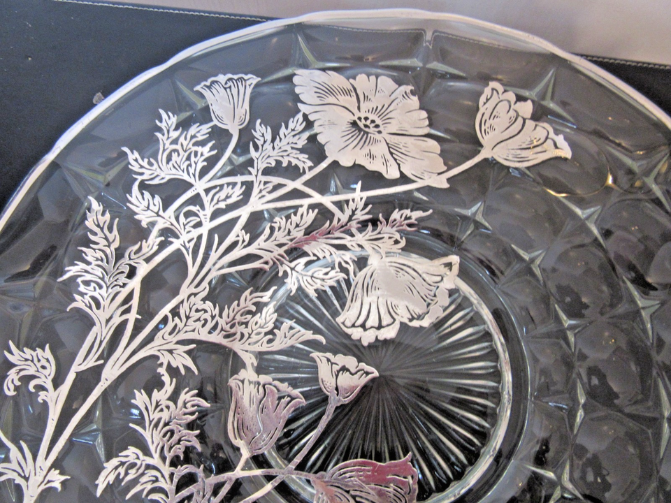 Vintage Sterling Silver Bound Floral Design Crystal Very Large Plate ...