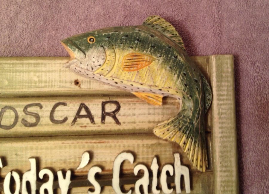 Fish Wood Sign Oscar Today's Catch Green Yellow Fisherman Lures Decor ...