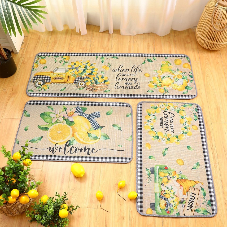 3 Pcs Lemon Themed Kitchen Rugs Gnomes Rug Retro Style Non Slip Kitchen ...