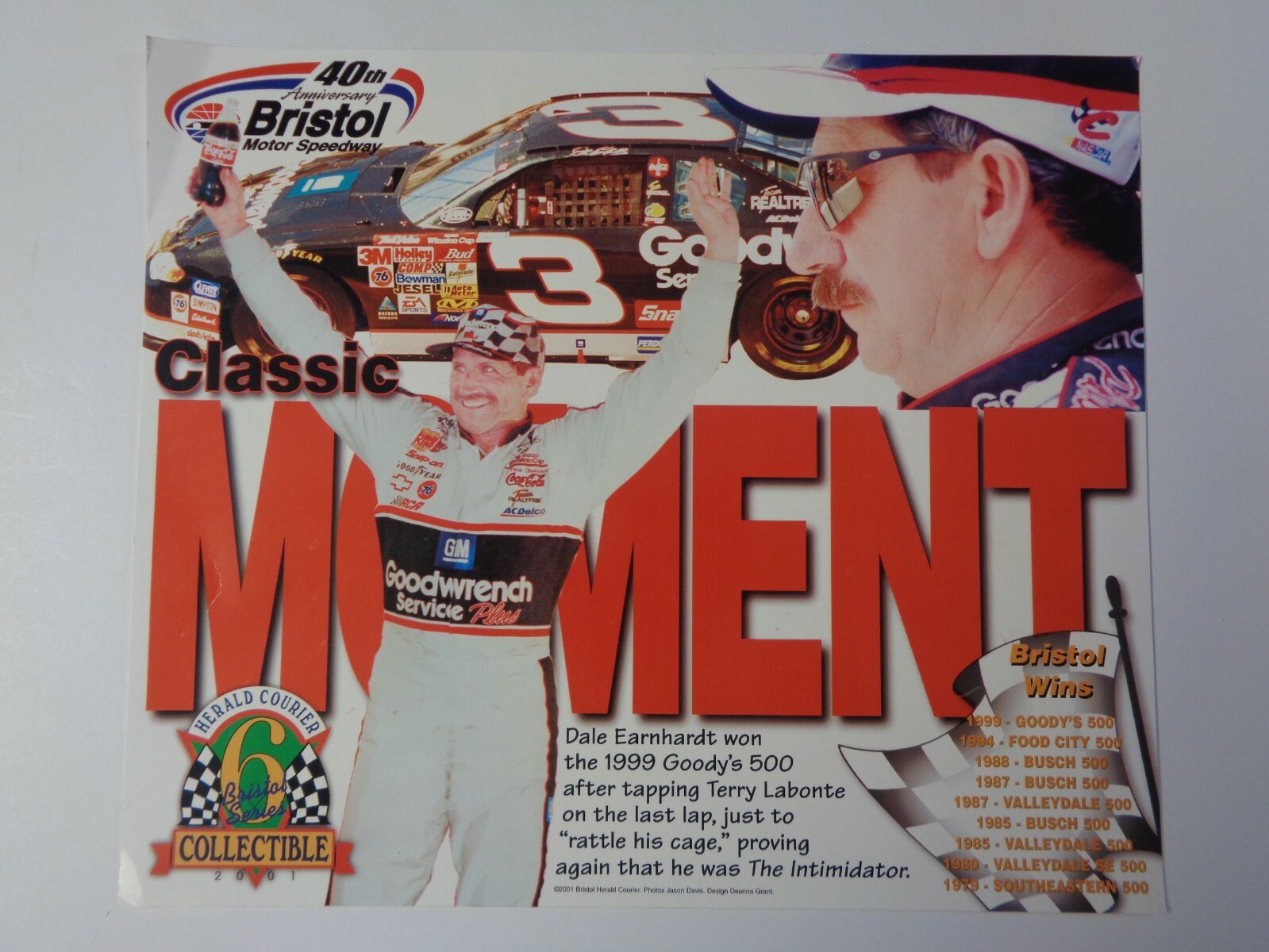Dale Earnhardt Bristol Wins 40th anniversary 2001 poster postcard 11x13 ...