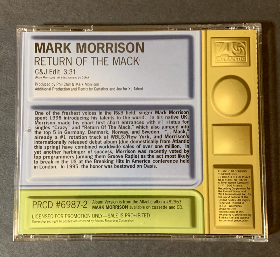 Mark Morrison Return Of The Mack C&J Edit 1996 US Promo CD Single NM ...