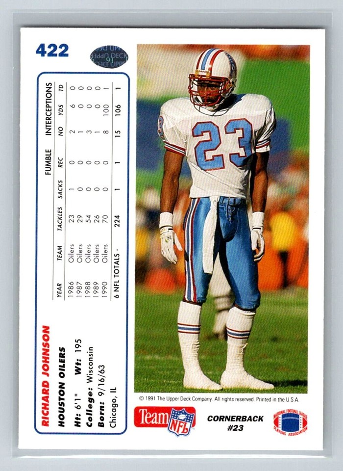 1991 Upper Deck Rookie RC #422 Richard Johnson Houston Oilers Football ...