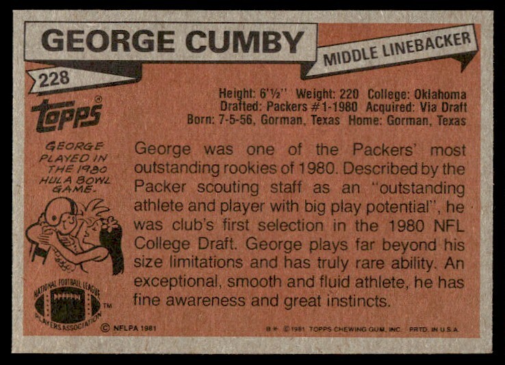 1981 Topps George Cumby Rookie Green Bay Packers #228 | eBay